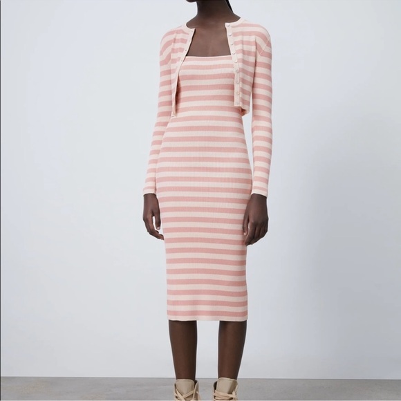 Zara | Dresses | Zara Pink And White Sheath Midi Dress With Square Neck ...